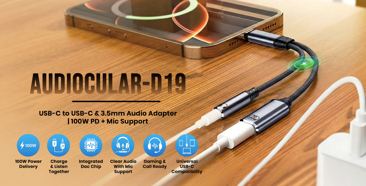 AUDIOCULAR D19 Male Type C to Female Type C and 3.5mm Audio Adapter, 1 ...