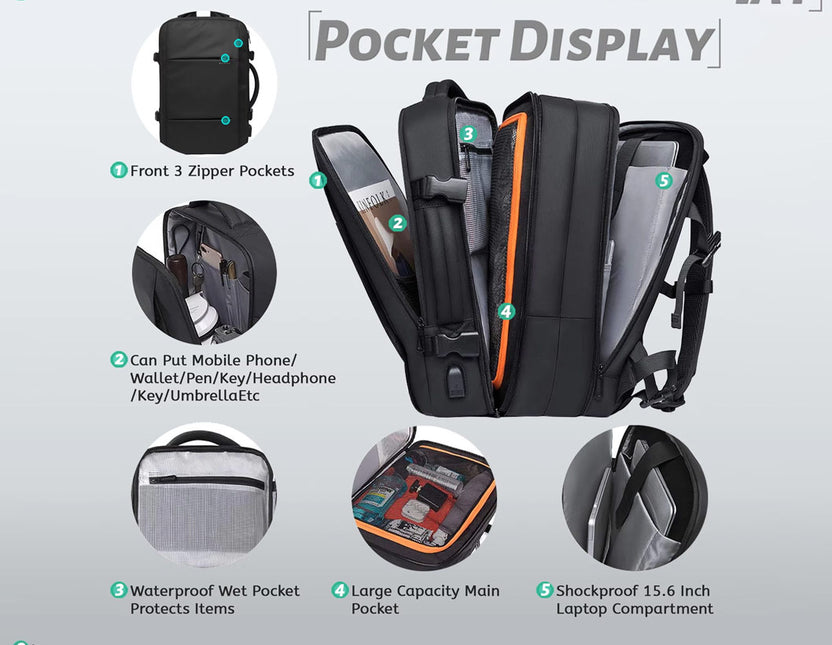 BANGE 1908D 55L Anti Theft Waterproof Expandable Laptop Backpack ...