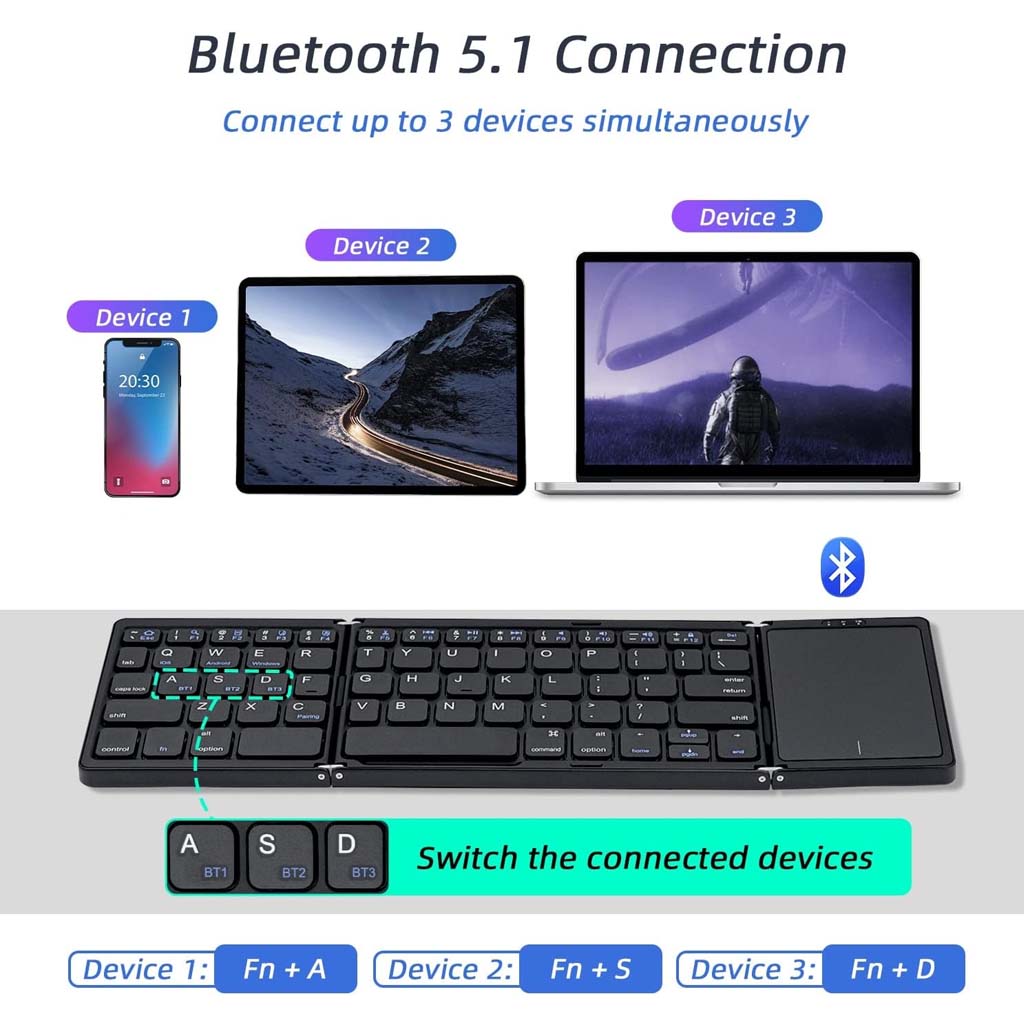 B089T Tri Fold Foldable Bluetooth Keyboard with Touchpad | Concept Kart
