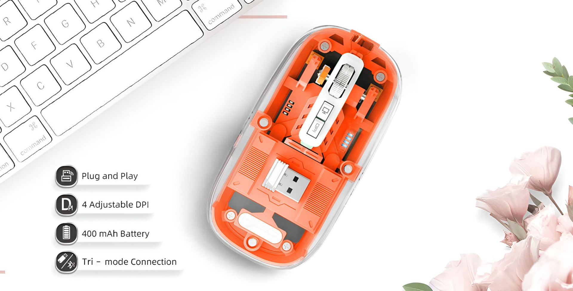 TECPHILE M133 Transparent Wireless RGB Mouse, Tri-Mode Connectivity ...